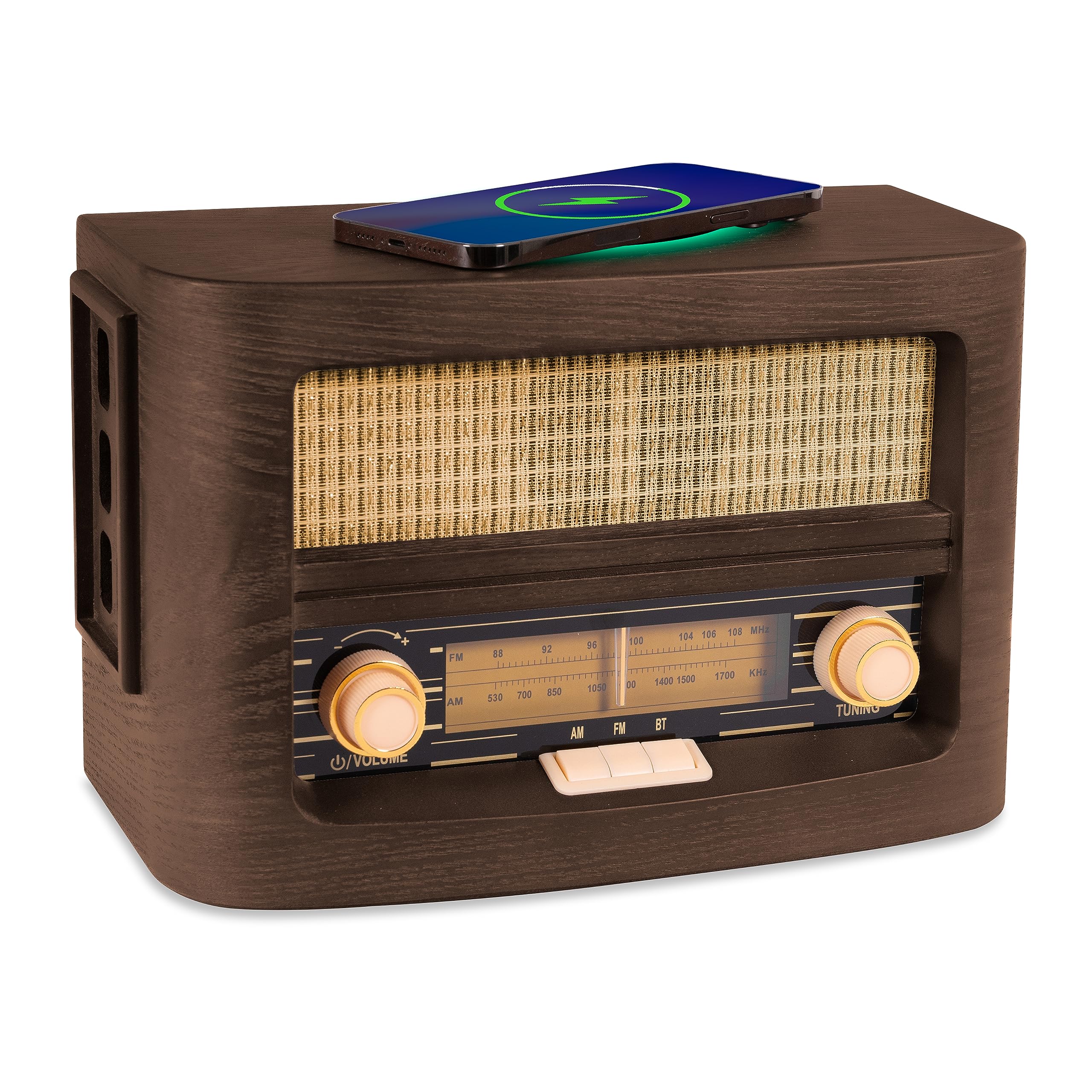 Fuse Vint Vintage Retro Radio | Wireless Charging Pad | AM/FM Radio Speaker with Bluetooth & AUX Input | Mid Century Modern Style | Real Handcrafted Ashtree Wood Exterior