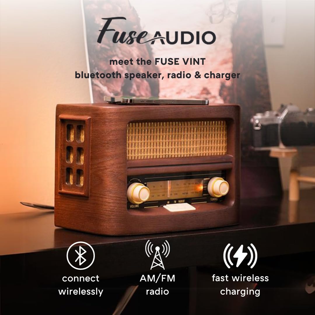 Fuse Vint Vintage Retro Radio | Wireless Charging Pad | AM/FM Radio Speaker with Bluetooth & AUX Input | Mid Century Modern Style | Real Handcrafted Ashtree Wood Exterior