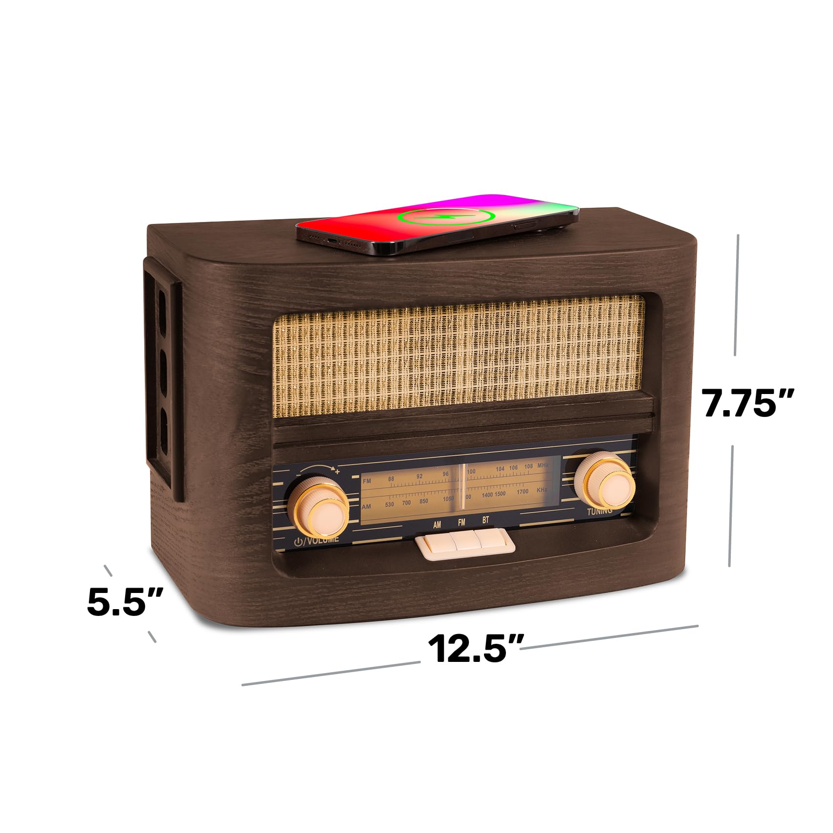 Fuse Vint Vintage Retro Radio | Wireless Charging Pad | AM/FM Radio Speaker with Bluetooth & AUX Input | Mid Century Modern Style | Real Handcrafted Ashtree Wood Exterior