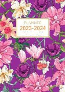 planner july 2023-2024 june: a4 large notebook organizer with hourly time slots | peony iris magnolia design purple