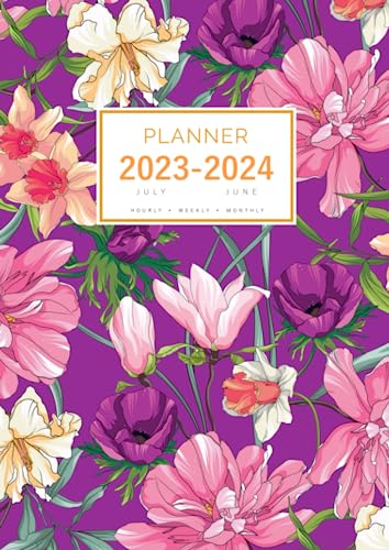 Planner July 2023-2024 June: A4 Large Notebook Organizer with Hourly Time Slots | Peony Iris Magnolia Design Purple