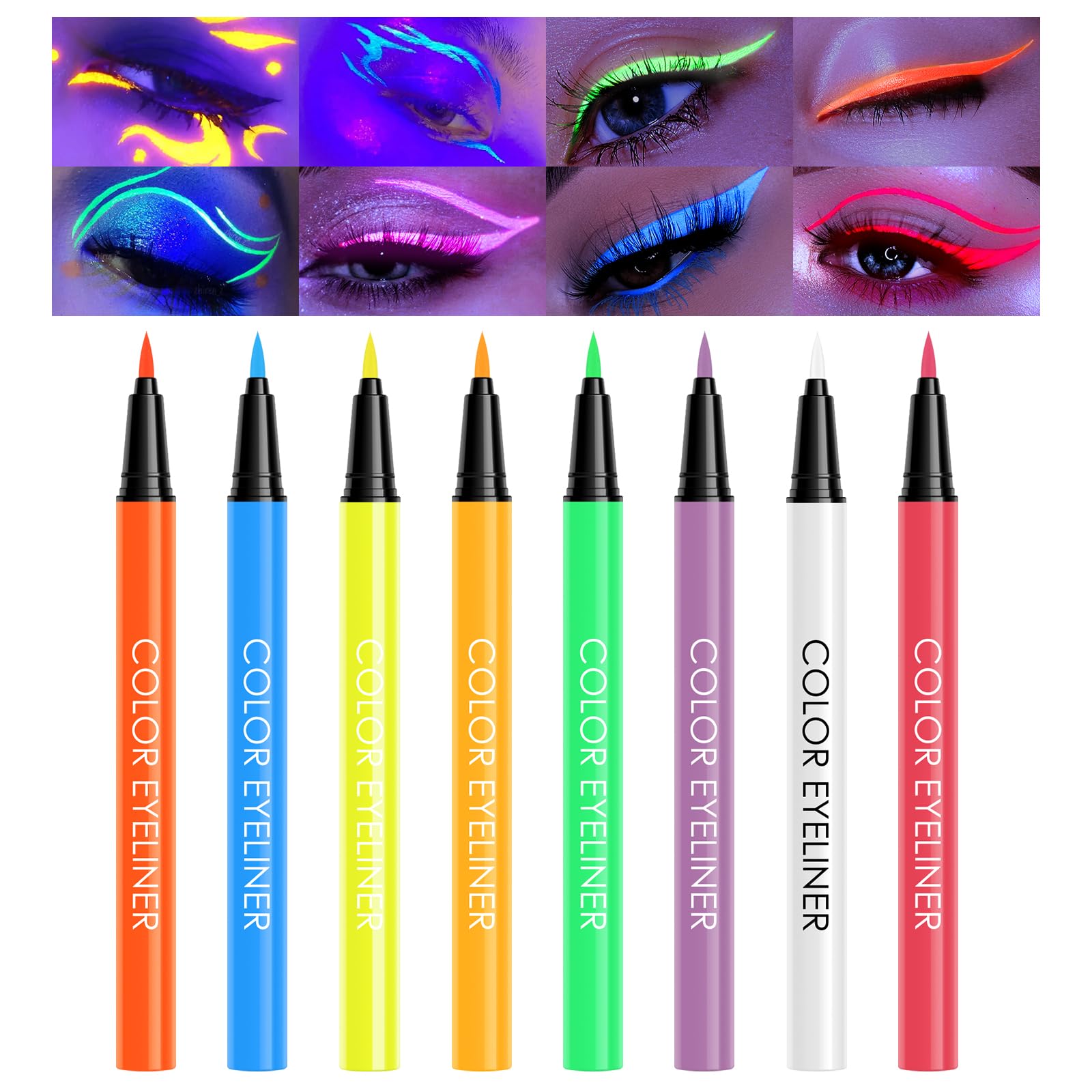 KYDA 8 Colors Neon Glow Liquid Eyeliner, Lasting Neon Matte Tint, Glow in the Dark Liner Pen, Quick Dry Fluorescent Rainbow Eyes Makeup, Under the Blacklight Colorful Eyeliner, by Ownest Beauty