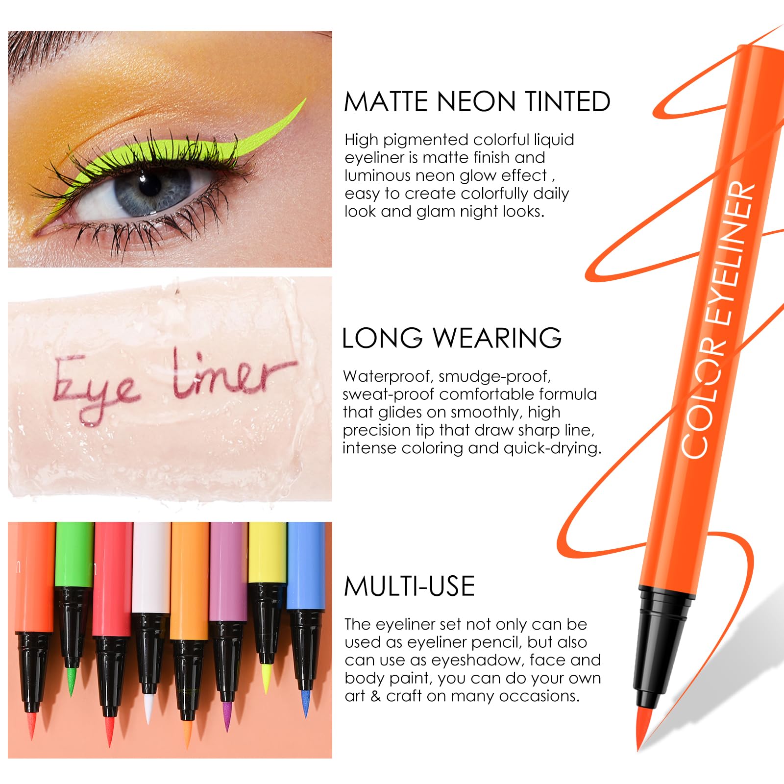 KYDA 8 Colors Neon Glow Liquid Eyeliner, Lasting Neon Matte Tint, Glow in the Dark Liner Pen, Quick Dry Fluorescent Rainbow Eyes Makeup, Under the Blacklight Colorful Eyeliner, by Ownest Beauty