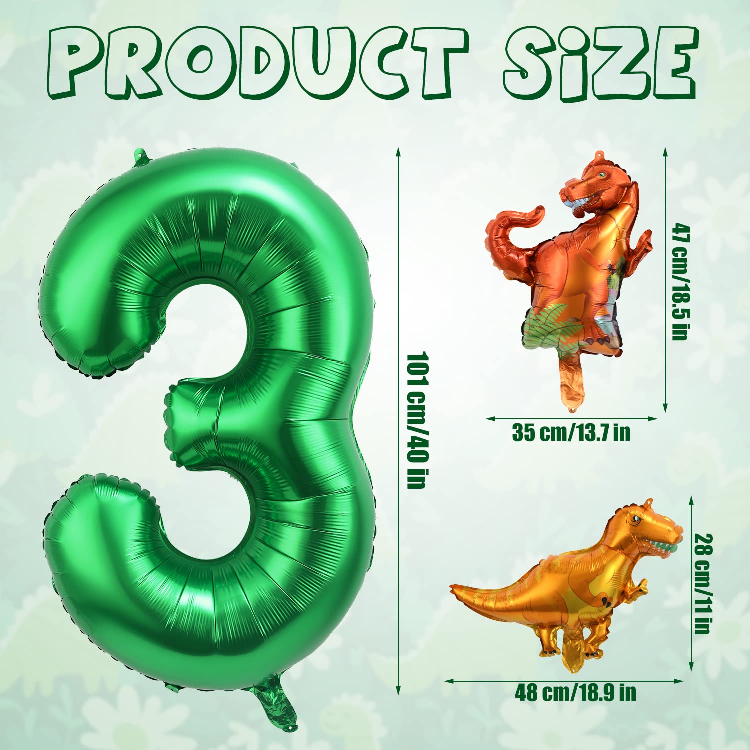 40 Inch Dark Green Number 3 Dinosaur Balloon, Aluminum Foil Large Number Balloon Green Balloon Cute Dinosaur Balloon for Birthday Party Anniversary Celebration Decoration