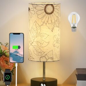 Lanmonlily Touch Control Desk Lamp with 2 USB Ports, 3-Way Dimmable Bedside Lamp for Bedroom, Nightstand Lamp with Round Flower Fabric Shade for Living Room, Home Office (E26 LED Bulb Included)