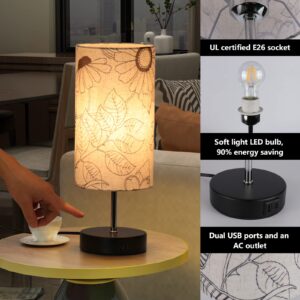 Lanmonlily Touch Control Desk Lamp with 2 USB Ports, 3-Way Dimmable Bedside Lamp for Bedroom, Nightstand Lamp with Round Flower Fabric Shade for Living Room, Home Office (E26 LED Bulb Included)