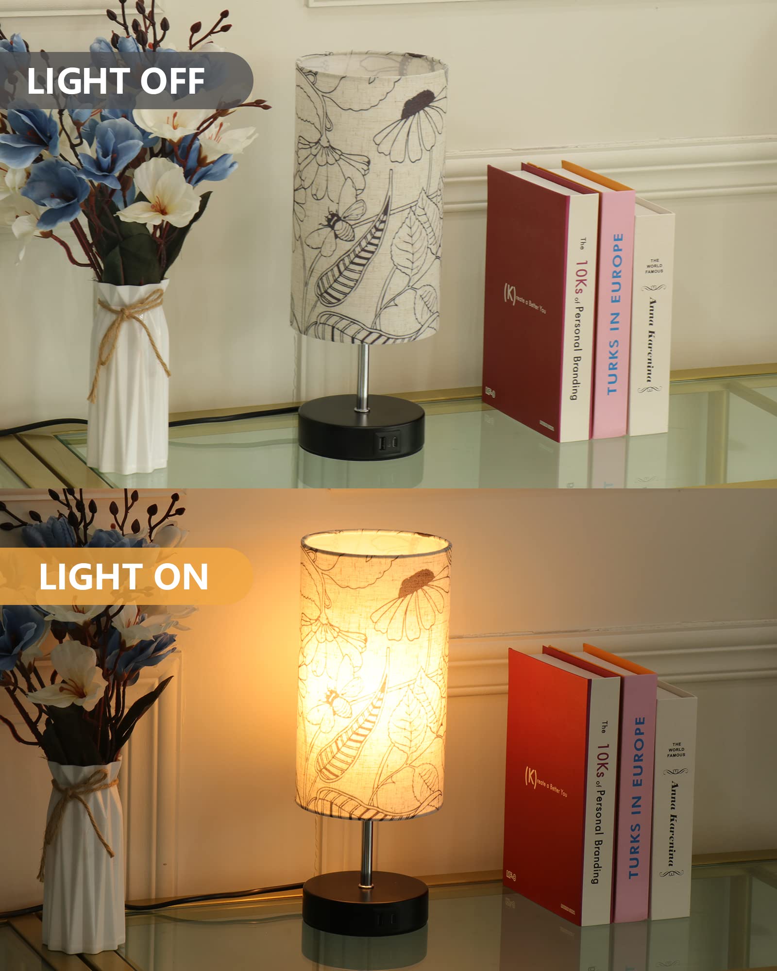 Lanmonlily Touch Control Desk Lamp with 2 USB Ports, 3-Way Dimmable Bedside Lamp for Bedroom, Nightstand Lamp with Round Flower Fabric Shade for Living Room, Home Office (E26 LED Bulb Included)