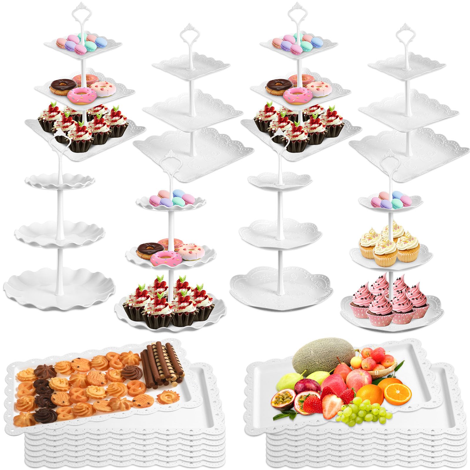 Dandat 24 Pcs White Cake Stand Plastic Dessert Table Stand Set, 8 Pcs 3 Tire Cake Display Tower Cupcake Cookie Tray and Display Stands, 16 Pcs Plastic Dessert Trays for Wedding Baby Shower Tea Party