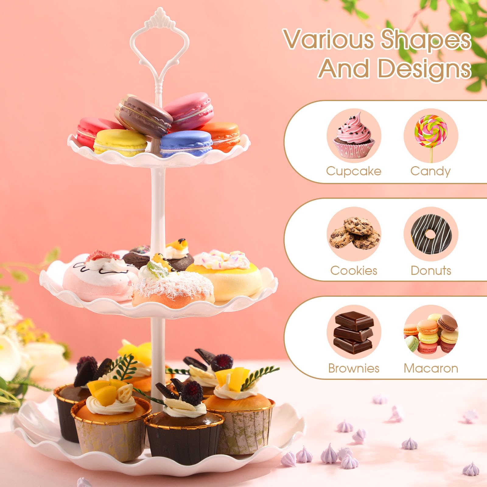 Dandat 24 Pcs White Cake Stand Plastic Dessert Table Stand Set, 8 Pcs 3 Tire Cake Display Tower Cupcake Cookie Tray and Display Stands, 16 Pcs Plastic Dessert Trays for Wedding Baby Shower Tea Party