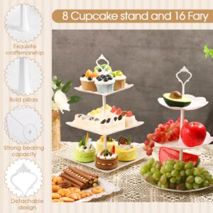 Dandat 24 Pcs White Cake Stand Plastic Dessert Table Stand Set, 8 Pcs 3 Tire Cake Display Tower Cupcake Cookie Tray and Display Stands, 16 Pcs Plastic Dessert Trays for Wedding Baby Shower Tea Party