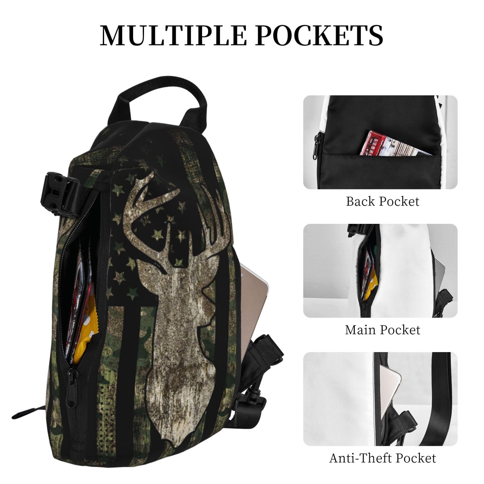 Camo Fanny Pack Camouflage sling Tool Bag Hunting Tactical Army American Flag Backpack Chest Shoulder Bag Travel Crossbody Daypack Hiking Gym Daily for Women Men