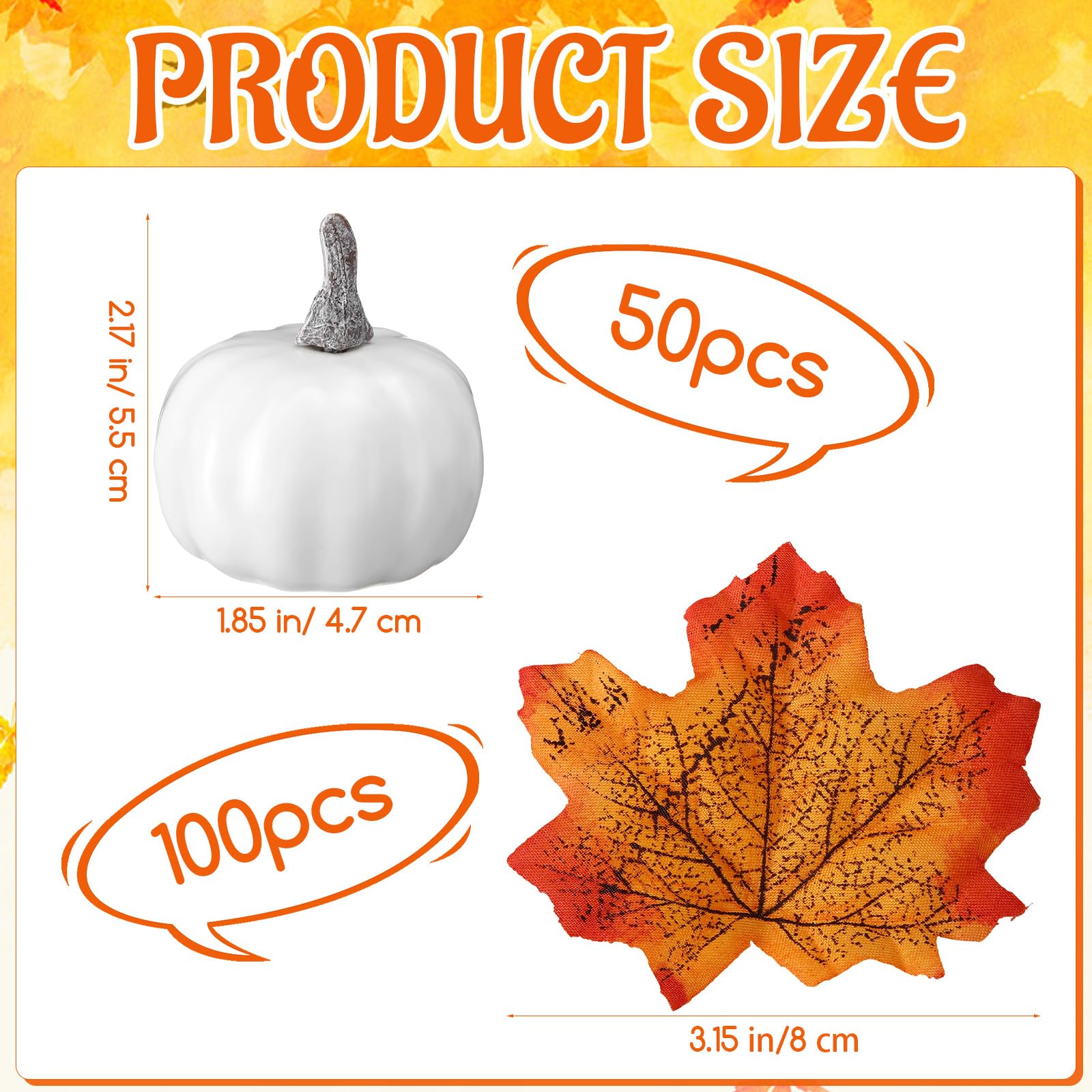 Tigeen 50 Pcs Artificial Mini Fake Pumpkins with 100 Pcs Lifelike Fake Maple Leaves Thanksgiving Lifelike Simulation Mixed Pumpkins for Decorating Fall Harvest Garland Small Realistic Pumpkin for Home