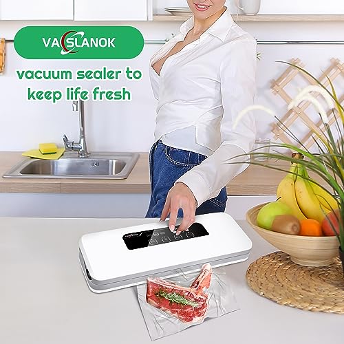 VACSLANOK Vacuum Sealer Machine, 70Kpa Automatic Vacuum Air Food Saver One-Click Operation, 4 Food Preservation Modes, 5 Temperature Modes With 50 Vacuum Sealer Bags and External Vacuum Pump,white