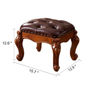 DEBJGO Foot Stools Small,Vintage Ottoman Brown Leather Foot Rest,Wooden Footrest,Upholstered Footstool for Couch/Living Room/Sofa,Cherry (12.6) (12.6)