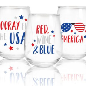 Whaline 3Pcs Patriotic Stemless Wine Glasses 17oz American Flag Glasses Tumbler Cups Drinking Glasses Independence Day Party Cups for 4th of July Supplies Kitchen Decor Gifts