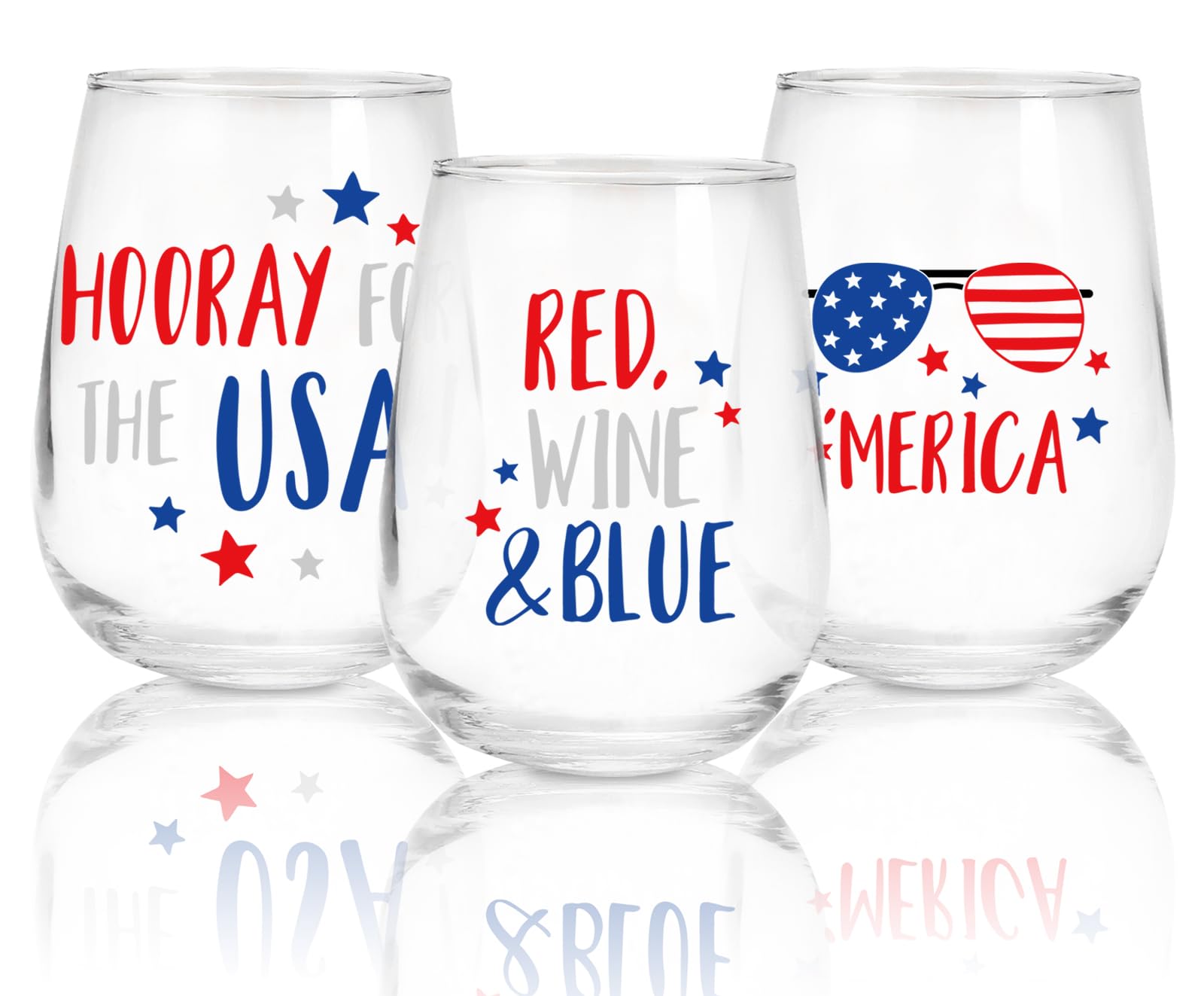 Whaline 3Pcs Patriotic Stemless Wine Glasses 17oz American Flag Glasses Tumbler Cups Drinking Glasses Independence Day Party Cups for 4th of July Supplies Kitchen Decor Gifts