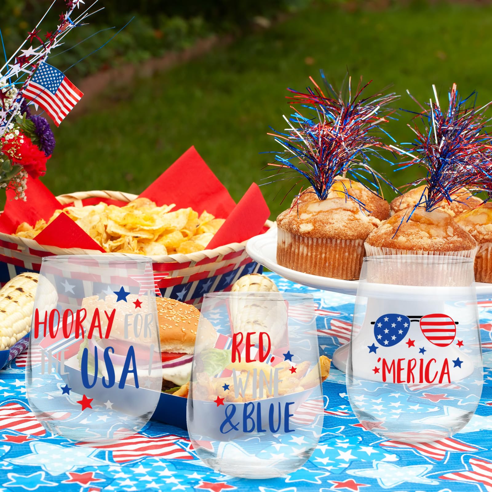 Whaline 3Pcs Patriotic Stemless Wine Glasses 17oz American Flag Glasses Tumbler Cups Drinking Glasses Independence Day Party Cups for 4th of July Supplies Kitchen Decor Gifts