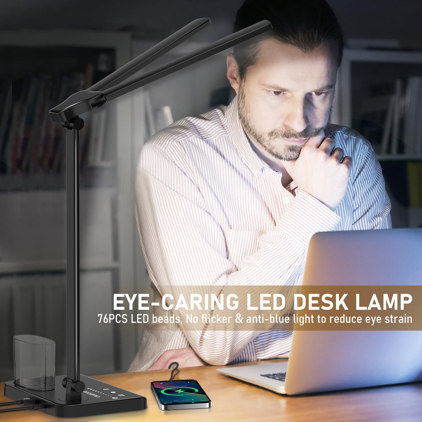 CHARYJOD Dimmable LED Desk Lamp with USB Charging Port, 50 Lighting Modes Dual Swing Arm Architect Table Lamp Light Desk Lamp for Home Office Dorm Piano Nail