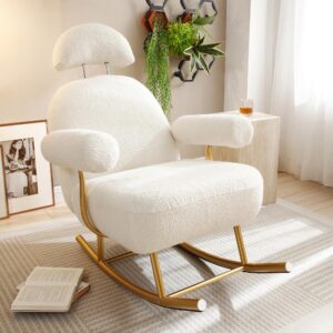 polibi modern nursery rocking accent chair,sherpa fabric upholstered rocker glider chair for baby and kids,comfy armchair with headrest,leisure sofa chair for bedroom/living room/office,beige