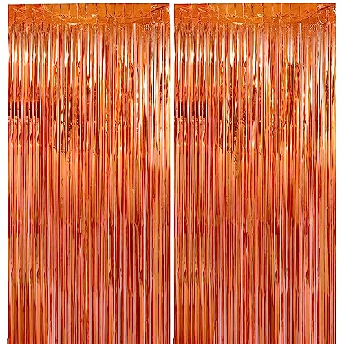 2 Pack 3.2 ft x 9.8 ft Orange Tinsel Curtain Party Backdrop Decorations, Metallic Foil Fringe Backdrop Door for Halloween, Christmas, Birthday Graduation Wedding Party Streamers Photo Backdrop.