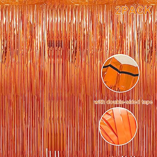 2 Pack 3.2 ft x 9.8 ft Orange Tinsel Curtain Party Backdrop Decorations, Metallic Foil Fringe Backdrop Door for Halloween, Christmas, Birthday Graduation Wedding Party Streamers Photo Backdrop.