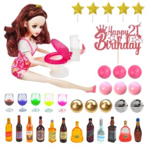 mini wine bottles cake toppers with 12 mini wine bottles 5 mini wine glasses 1 toilet toy 1 beauty doll 21st birthday cake topper for celebrating birthday 21st girl party (brown)