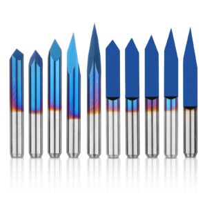 genmitsu 10 pcs 1/8'' shank cnc router bits set, flat v-bit & triangular v-bit, 20 /30 /45 /60 /90 degree 0.1mm tip, nano blue coat, engraving tool for cnc signmaking carving lettering 2d&3d sculpture