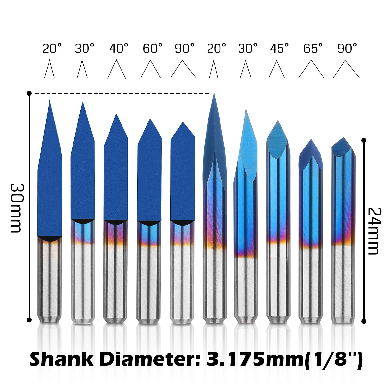 Genmitsu 10 Pcs 1/8'' Shank CNC Router Bits Set, Flat V-bit & Triangular V-bit, 20 /30 /45 /60 /90 Degree 0.1mm Tip, Nano Blue Coat, Engraving Tool for CNC Signmaking Carving Lettering 2D&3D Sculpture