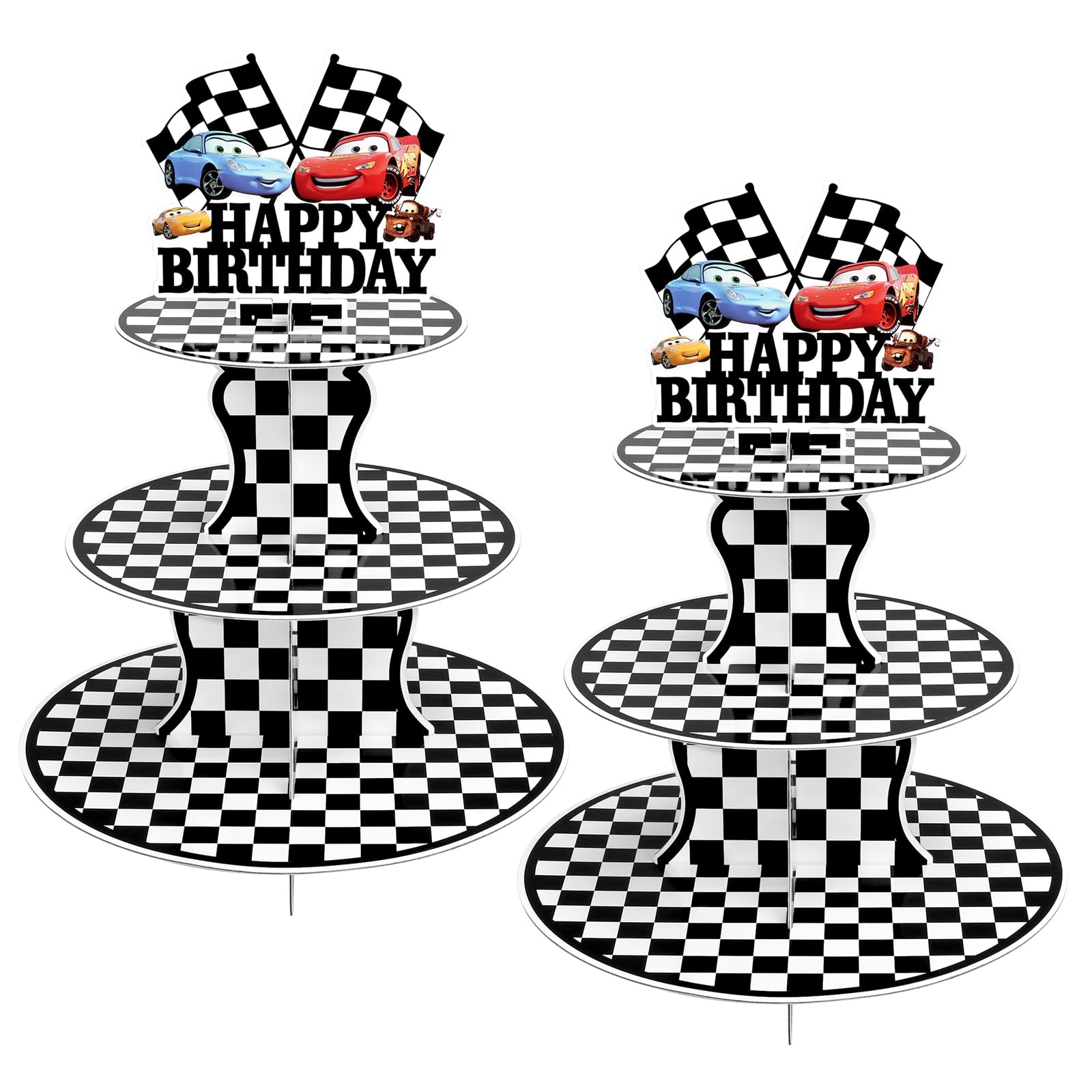 BACUTHY 2 Pack Race Car Cupcake Stands Birthday Party Supplies, Two Fast Cars Decorations Truck Theme Favors - 3 Tier Cardboard Cup Cake Holder Tower