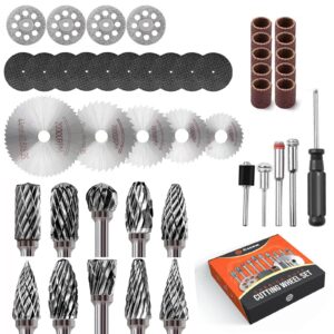 cocew 49pcs cutting wheels set for dremel rotary tool,5pcs hss circular saw blades,10pcs resin cutting discs,4pcs diamond cutting wheels,10pcs sanding drum,10pcs carbide rotary bur for diy carving