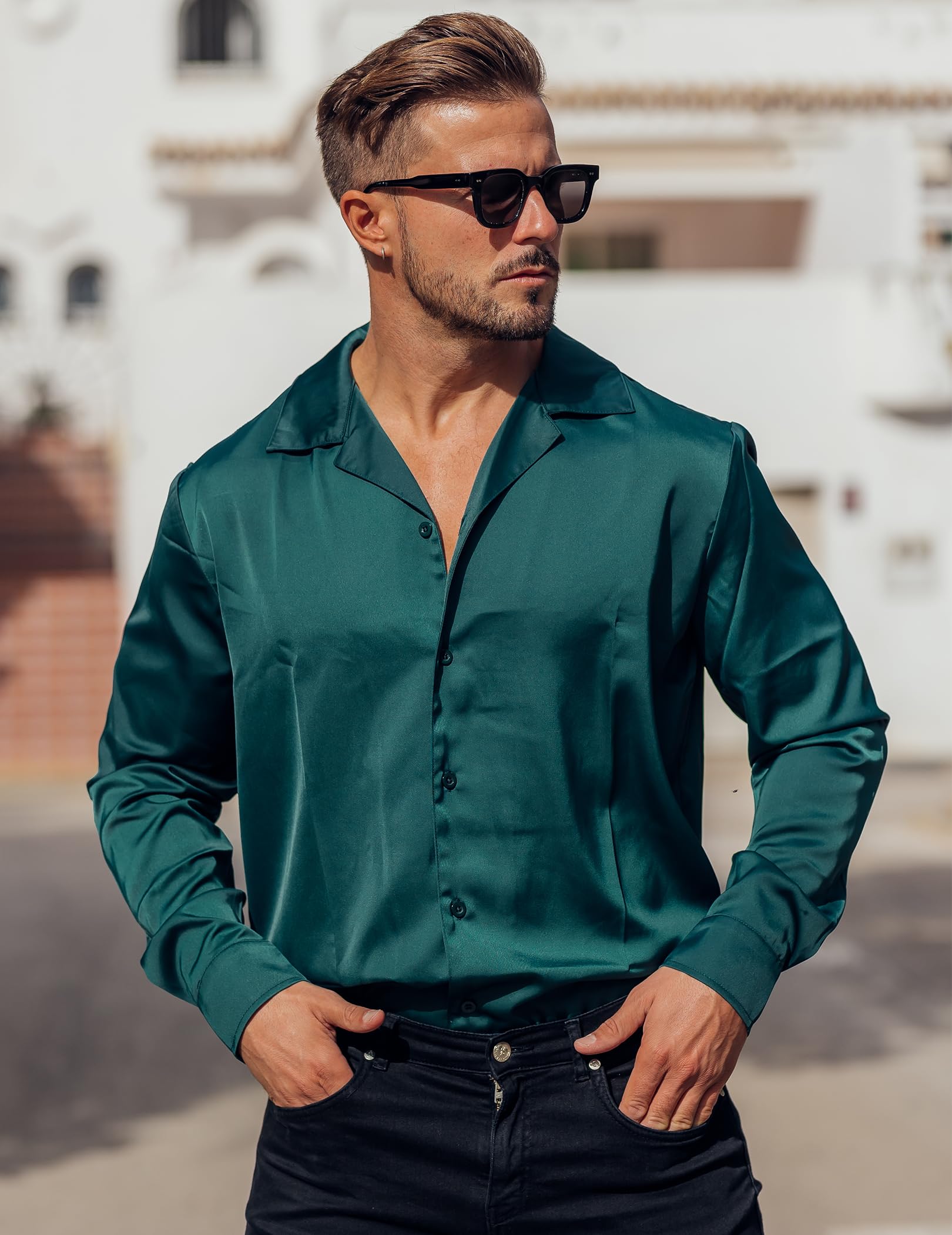 COOFANDY Mens Dress Shirts Long Sleeve Satin Button Down Shirts Shiny Prom Party Shirts Lake Green