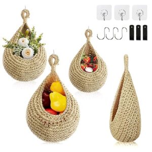 suwarc handwoven boho wall hanging basket for fruit vegetable hanging baskets storage organizer decorative hanging wall basket for bathroom kitchen back of door 3-piece set with hook (jute)