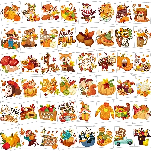 HOWAF 96 Pieces Fall Temporary Tattoos,48 Styles Fall for Jesus Temporary face Tattoos Stickers for girls boys,Thanksgiving Harvest Fake Tattoos with turkeys,pumpkins,maple leaves for Happy Fall party