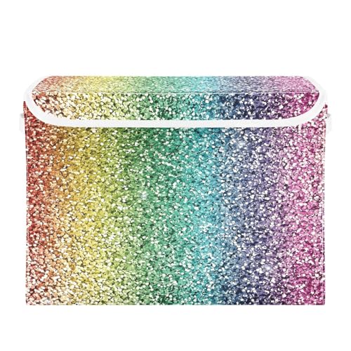 Krafig Rainbow Glitter Decorative Storage Box with Lid Large Bins Baskets Foldable Cube Organizer Collapsible Containers for Organizing, Toy, Home, Shelf, Closet