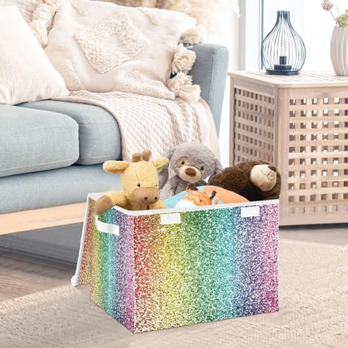 Krafig Rainbow Glitter Decorative Storage Box with Lid Large Bins Baskets Foldable Cube Organizer Collapsible Containers for Organizing, Toy, Home, Shelf, Closet