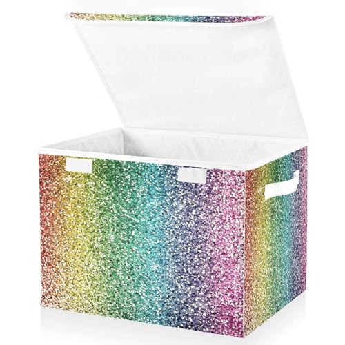 Krafig Rainbow Glitter Decorative Storage Box with Lid Large Bins Baskets Foldable Cube Organizer Collapsible Containers for Organizing, Toy, Home, Shelf, Closet