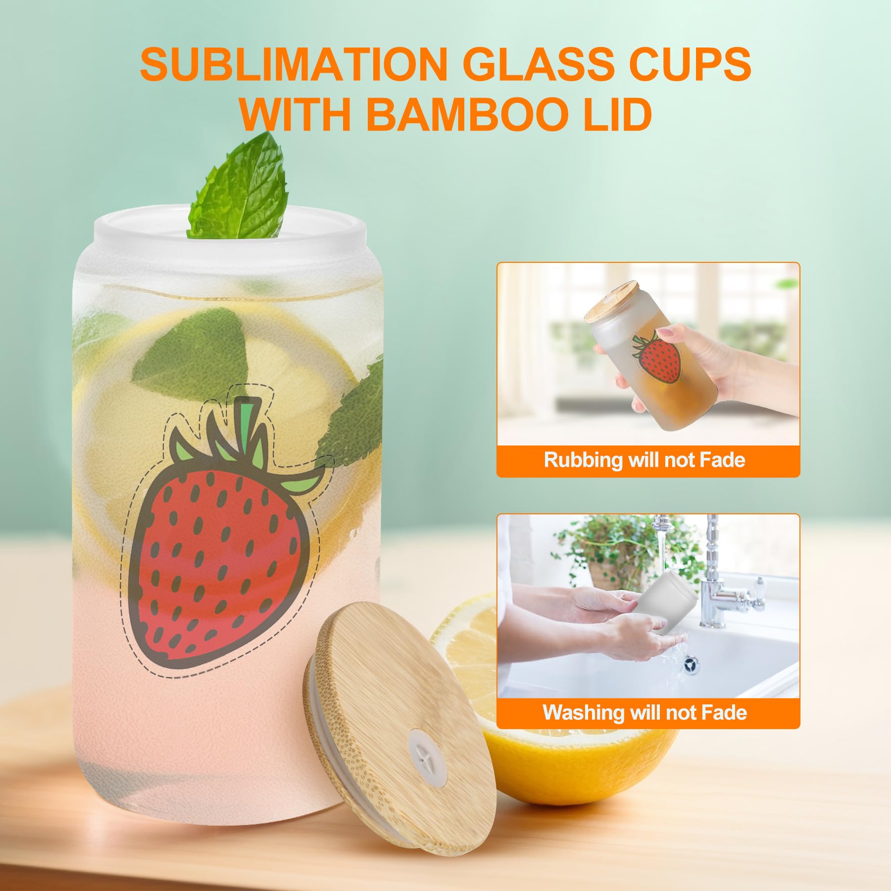 MOVNO 12 Pack Sublimation Cups - 16oz Frosted Glass Cups with Bamboo Lids and Straws Sublimation Glass Blanks Beer Can Shaped Cups Sublimation Glass Tumblers for Iced Coffee Juice Soda Drinks