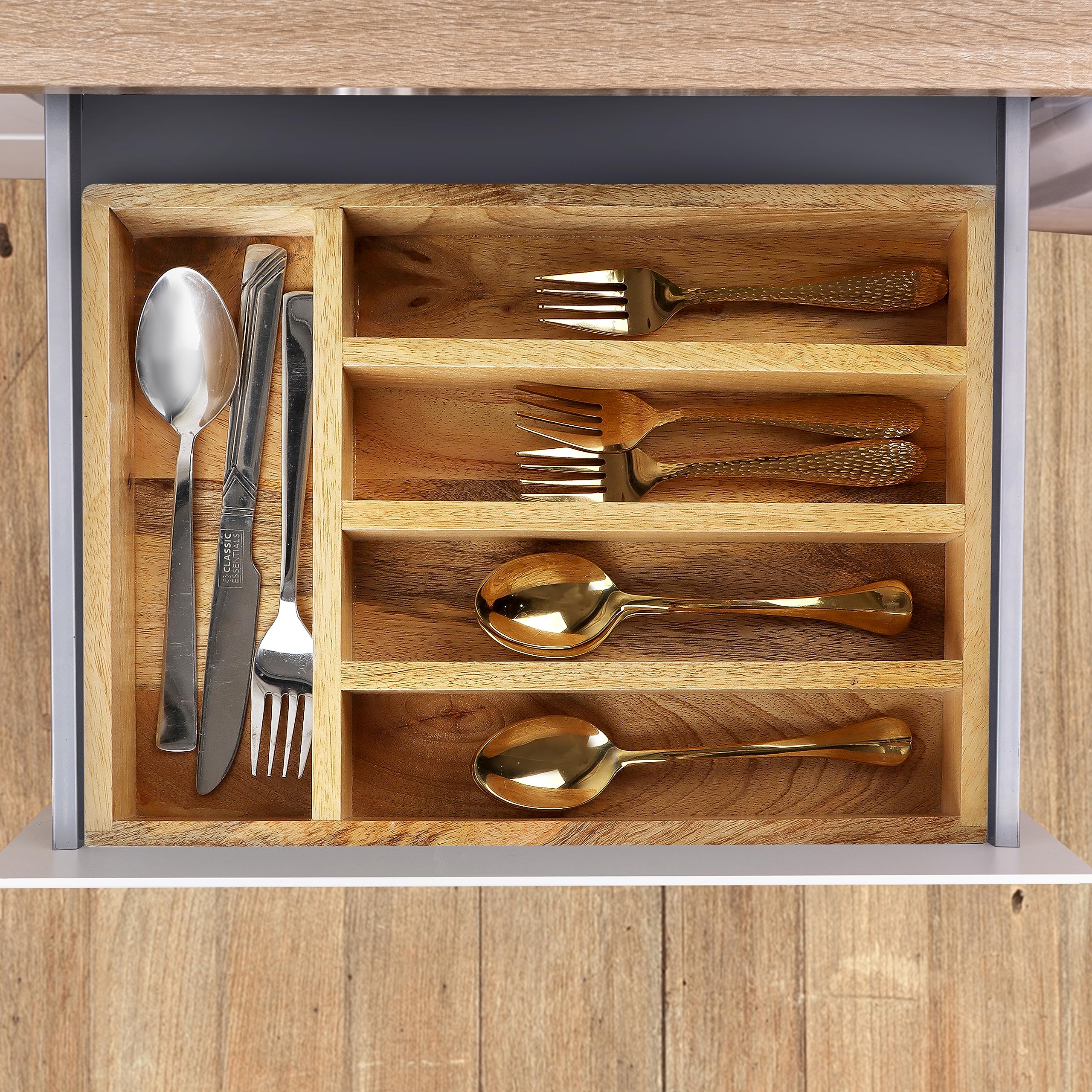 Alpha Living Home Utensil Organizer for Kitchen Drawers, 5 Compartments Utensil Drawer Organizer, Wooden Silverware Tray for Drawer, Cutlery Organizer in Drawer