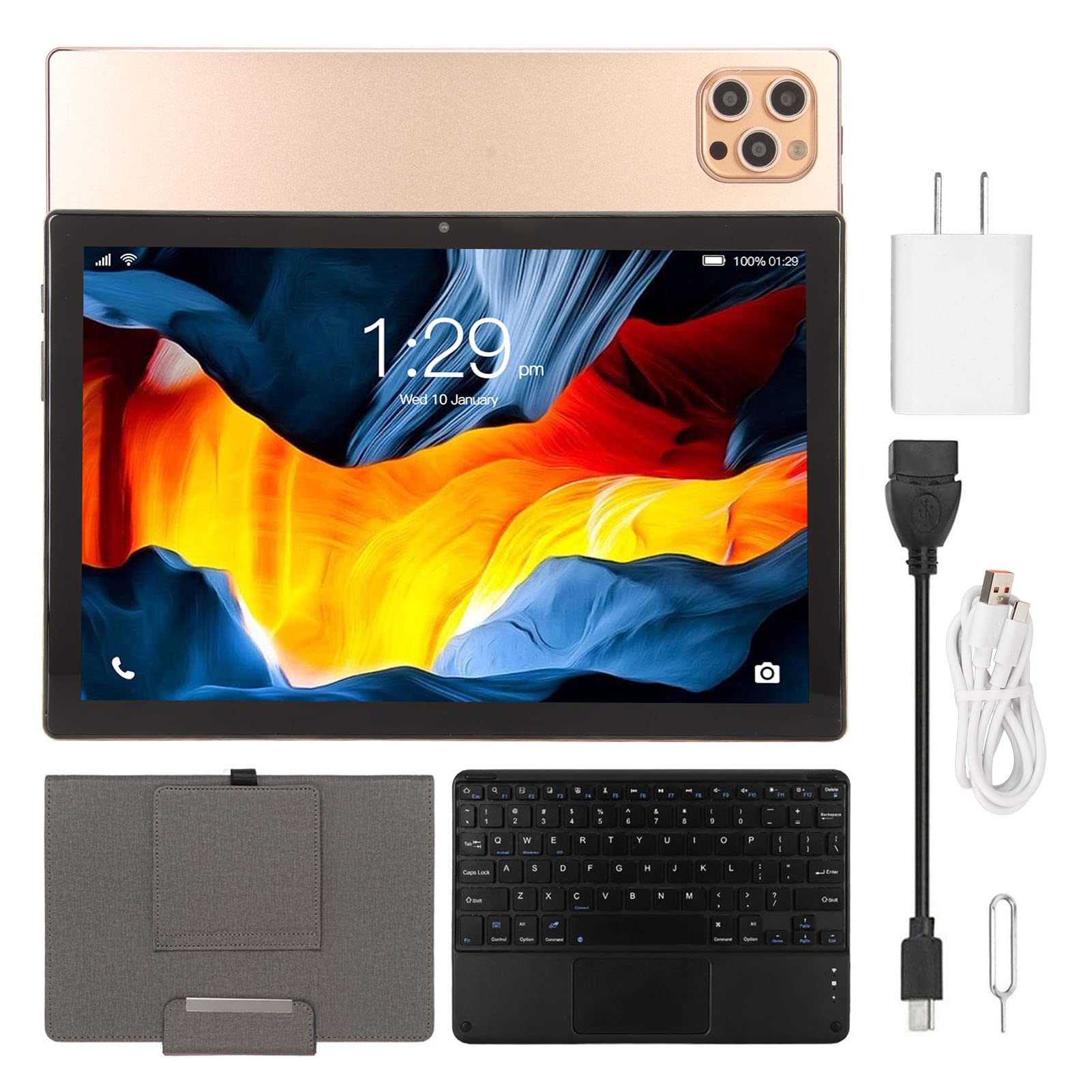 Acogedor 10.1in Android Tablet, 8GB+256GB Memory, 8 Core, Dual SIM Dual Standby, Dual Camera, 2.4G 5G WiFi, 4G Calling Tablet with Keyboard and Case, Gold (US Plug)