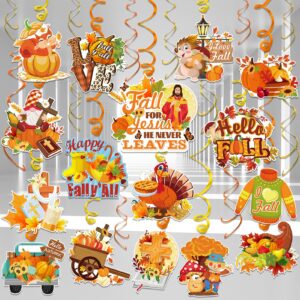 howaf hello fall thanksgiving pumpkin hanging swirls,30 pack no diy fall for jesus autumn harvest foil ceiling swirl for thanksgiving fall party supplies, fall hanging streamer