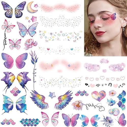 Tazimi Sweet Face Tattoos for Girls Women-8 Sheets Freckle Tattoos -6 Sheets Glitter Butterfly Temporary Tattoos for Halloween Parties Festival Makeup Rave Accessories Face Tattoos Sticker