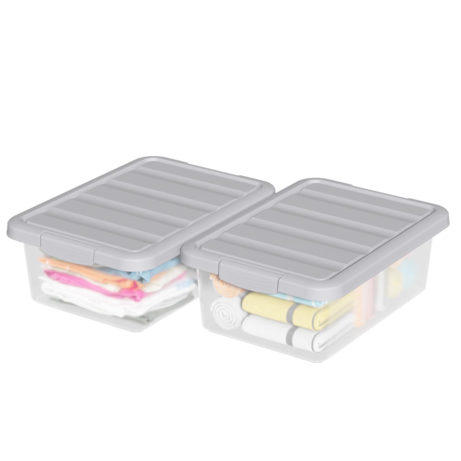 Buyitt 14 Quart Plastic Clear Storage Bin, Stackable Latching Box with Grey Lid, 2 Packs