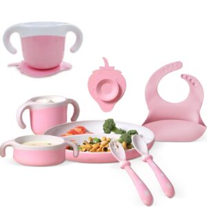 mutualproducts - Baby Feeding Set 7-Piece | Baby Led Weaning Utensils Set Includes Suction Bowl and Plate, Baby Spoon and Fork, Sippy Cup | Baby Feeding Supplies Set (Pink-White)