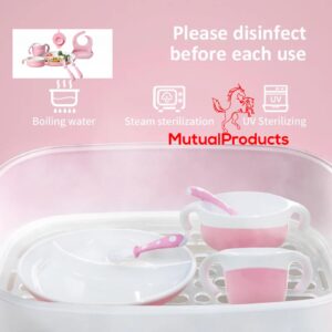 mutualproducts - Baby Feeding Set 7-Piece | Baby Led Weaning Utensils Set Includes Suction Bowl and Plate, Baby Spoon and Fork, Sippy Cup | Baby Feeding Supplies Set (Pink-White)