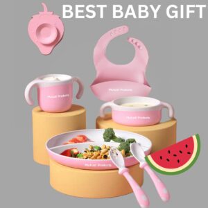 mutualproducts - Baby Feeding Set 7-Piece | Baby Led Weaning Utensils Set Includes Suction Bowl and Plate, Baby Spoon and Fork, Sippy Cup | Baby Feeding Supplies Set (Pink-White)