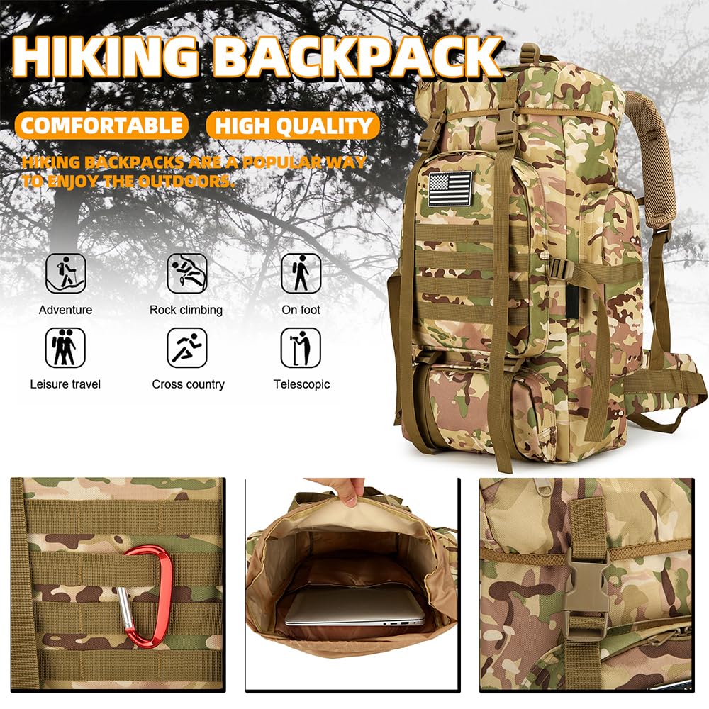 Bkcmy 45L Hiking Backpack Waterproof Travel Backpack Lightweight Outdoor Daypack Camping Backpack for Men Women (CP Camo)