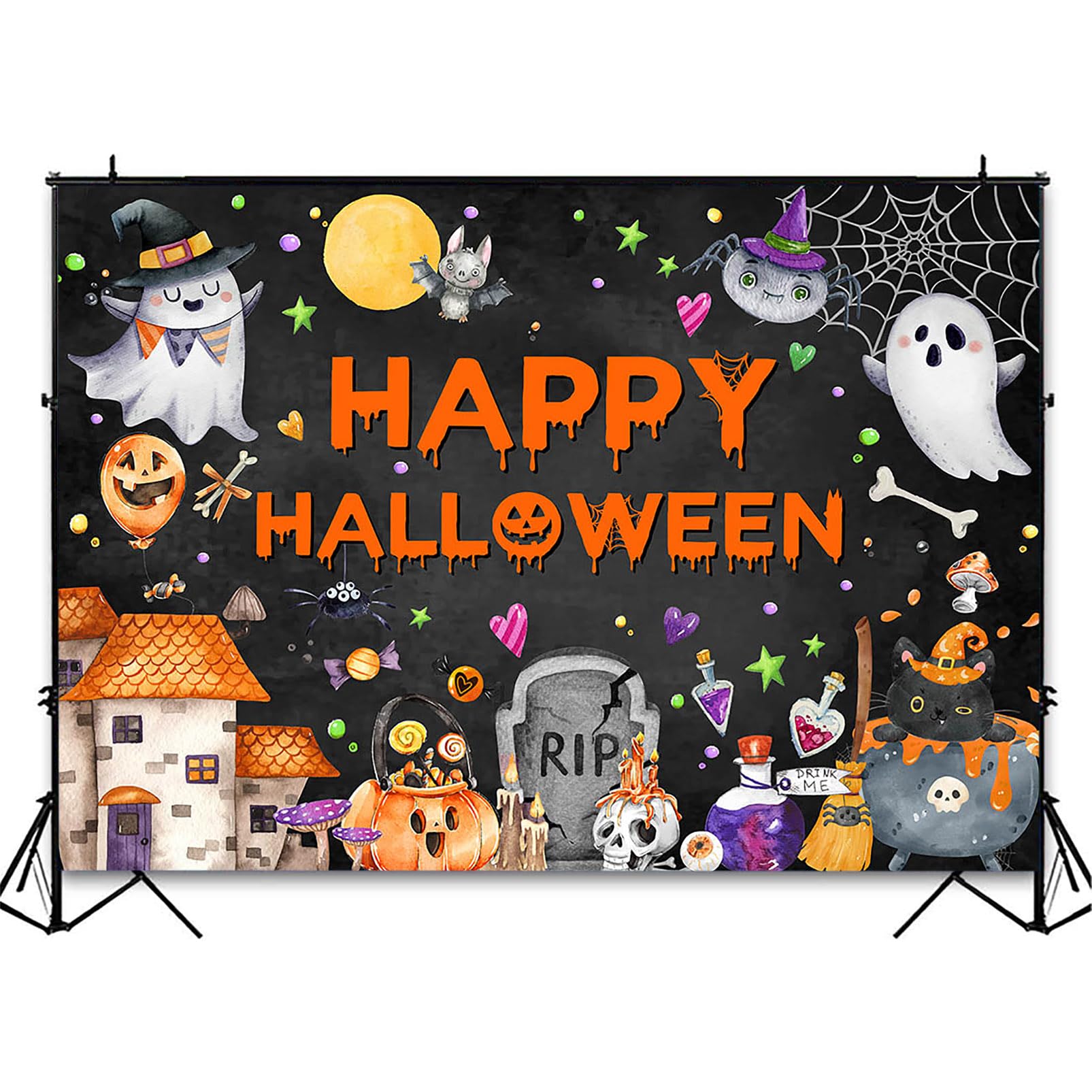 Avezano Happy Halloween Backdrop, Halloween Party Decorations Banner, Trick or Treat Photo Booth Halloween Backdrops for Kids Outdoor Halloween Photoshoot Background (7x5ft)