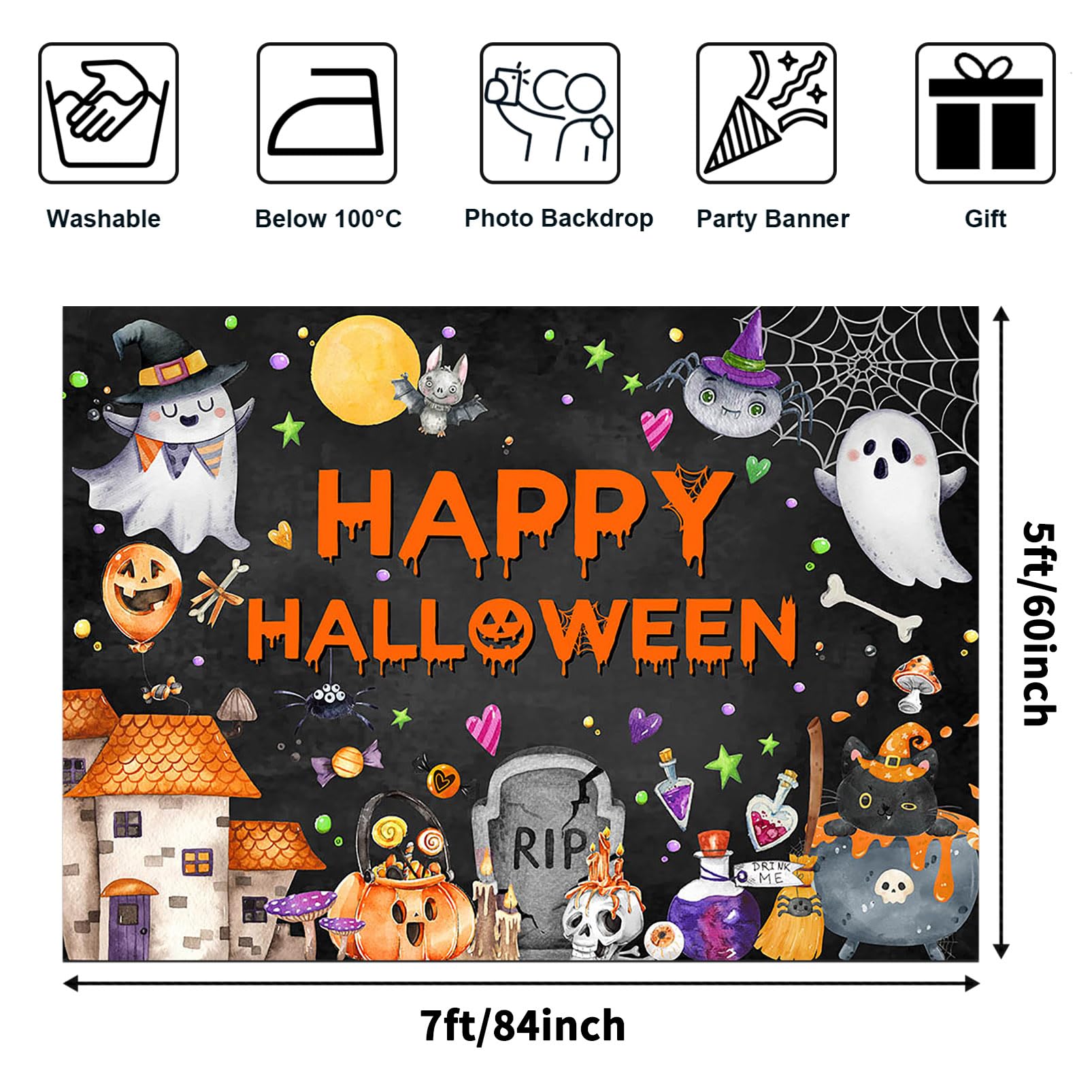 Avezano Happy Halloween Backdrop, Halloween Party Decorations Banner, Trick or Treat Photo Booth Halloween Backdrops for Kids Outdoor Halloween Photoshoot Background (7x5ft)