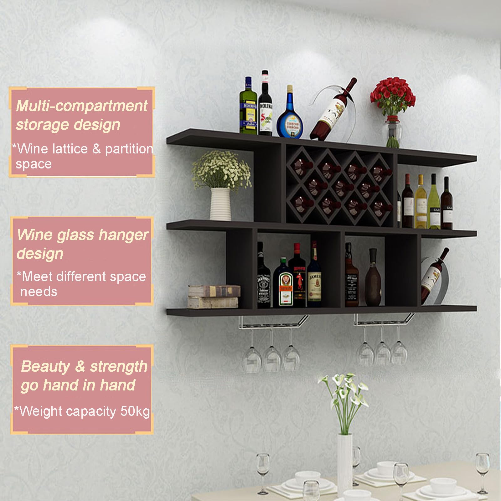 Dawselod 3 Tier Wall Mounted Wine Rack, Wooden Wall Wine Cabinet with 2 Glass Holder, Modern Simple Dining Room Storage Rack, Living Room Wine Decorative Shelf Display Shelf (100cm/39.3in)