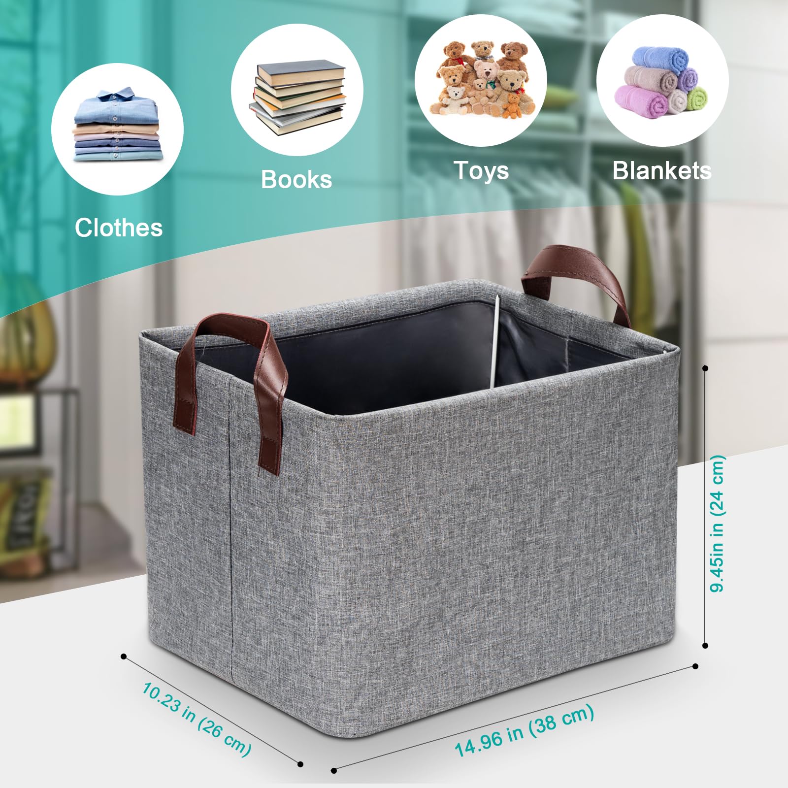 popoly Storage Bin with Metal Frame, Fabric Storage Basket with Handles for Closet Shelf Organizer, Collapsible Rectangle Laundry Basket for Toys, Books, Clothes (Grey, 2 Pack)